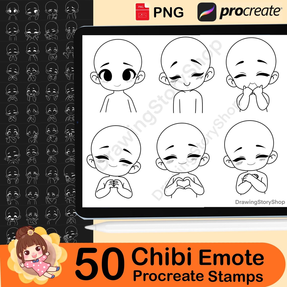 50 Chibi Emote Bases Stamps for Procreate, Anime Figure, Brushes ...
