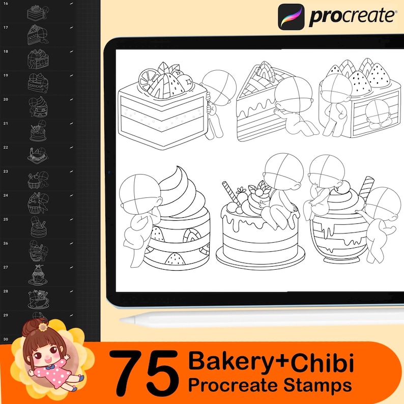 75 Procreate Kawaii Bakery Bases and Stamps, Cute and Kawaii, Chibi ...