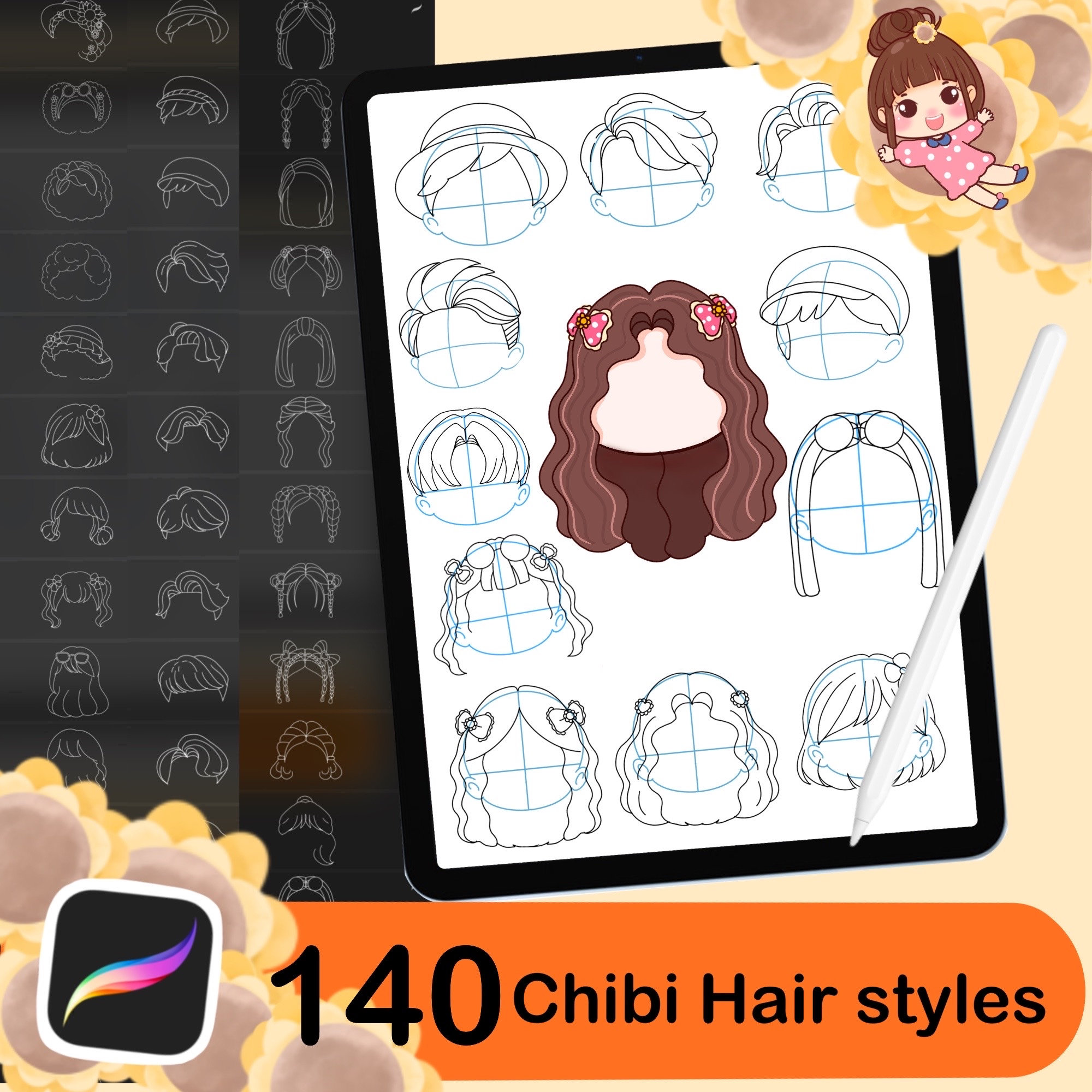 140 Procreate Hair Stamp Brushes, Chibi Hair Brushes, Hairstyles Stamps ...