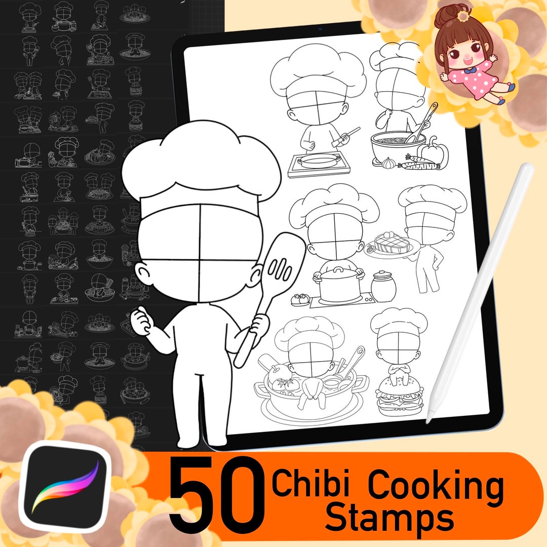 50 Procreate Chibi Cooking Poses Stamps, Cute Anime Manga, Cooking ...