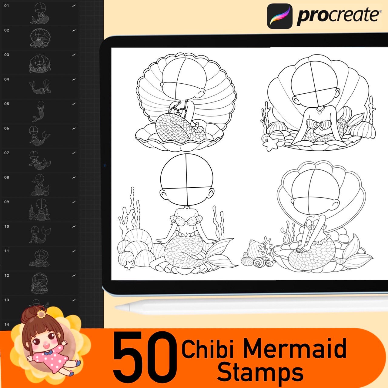 50 Procreate Chibi Mermaid Pose Stamp Brushes, Mermay Brushes, Mermay ...
