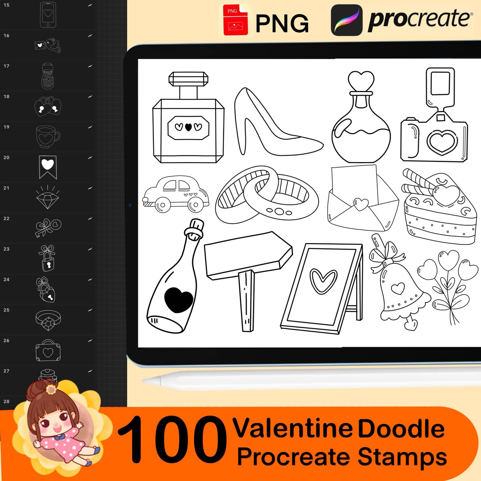 100 Procreate Valentine's Day Stamps , Love & Valentine Stamps,hearts ...