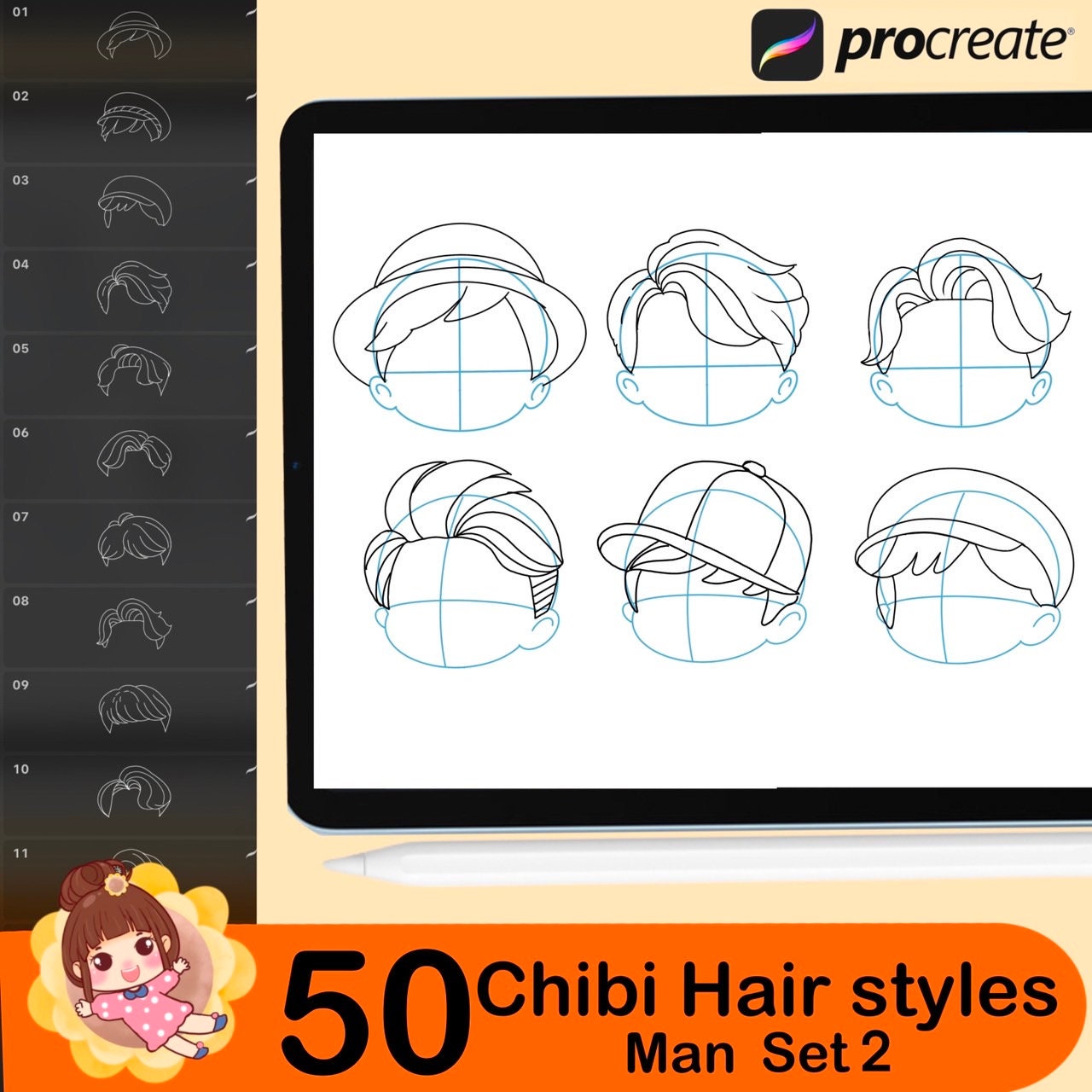 140 Procreate Hair Stamp Brushes, Chibi Hair Brushes, Hairstyles Stamps ...
