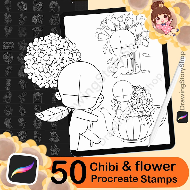50 Procreate Chibi&flower Kawaii Brush Set, Procreate Chibi Poses ...