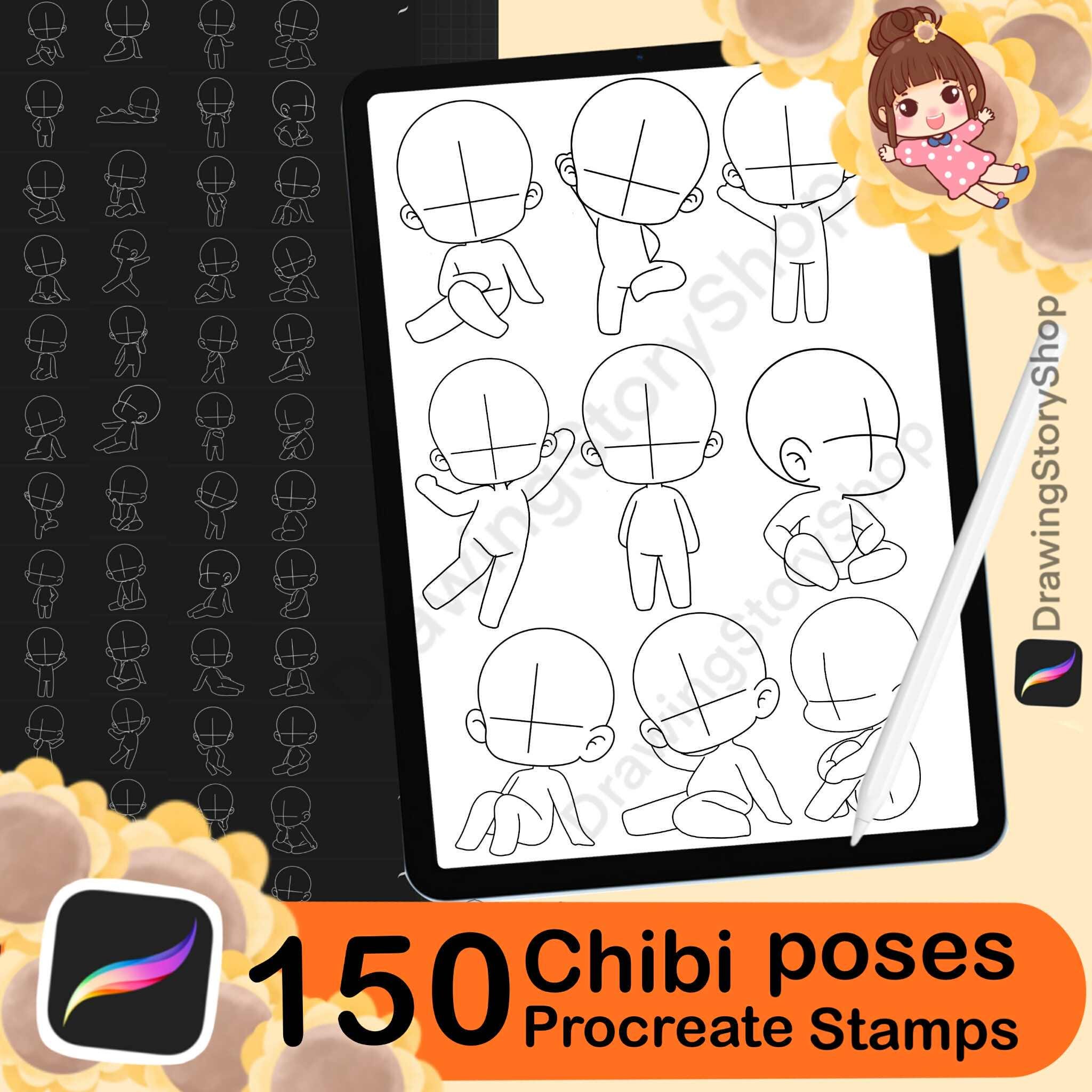 150 Base Chibi Procreate Pose Stamps , Procreate Chibi Body Stamps ...
