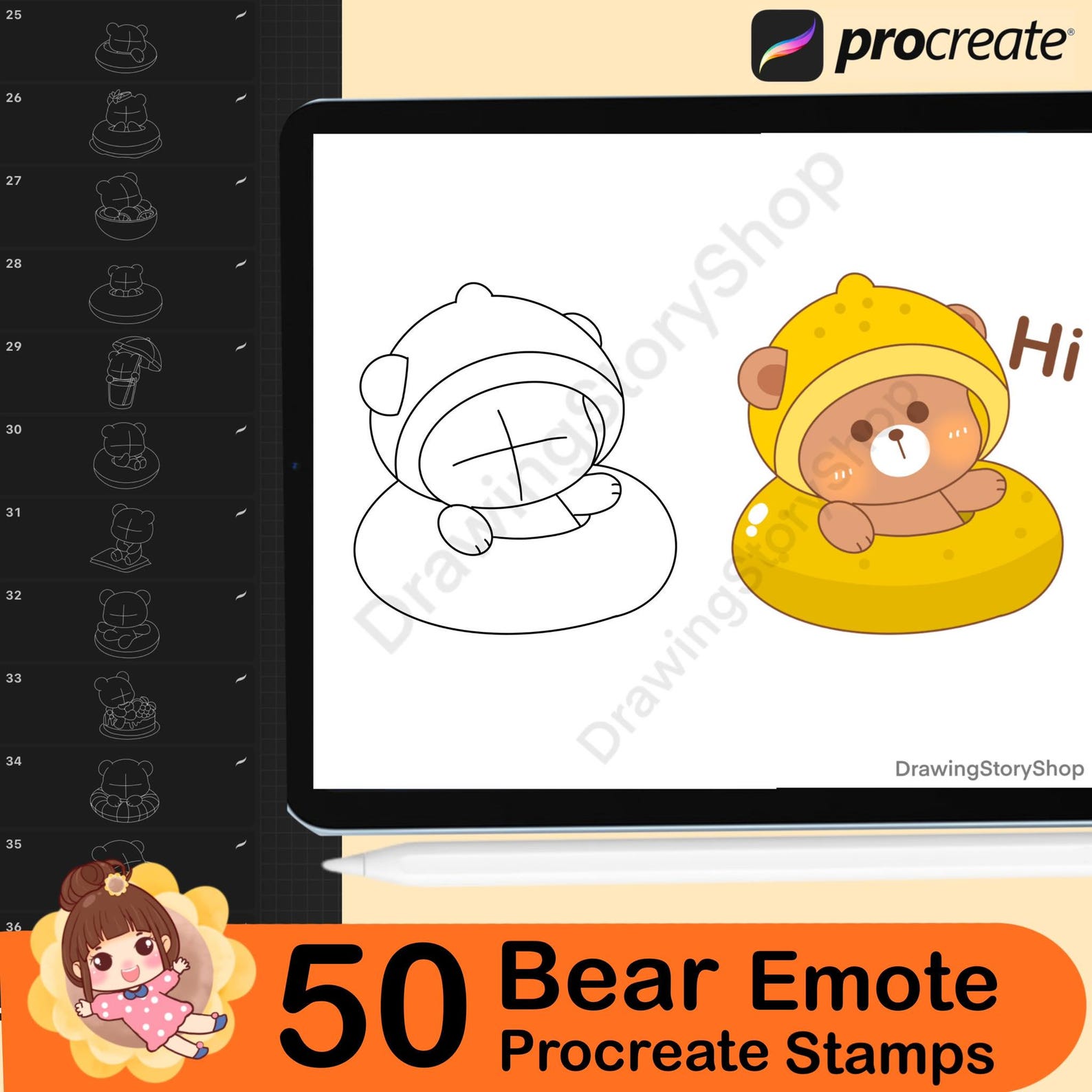 50 Bear Procreate Stamp Brushe Chibi Character Emote Set Cute Pose ...