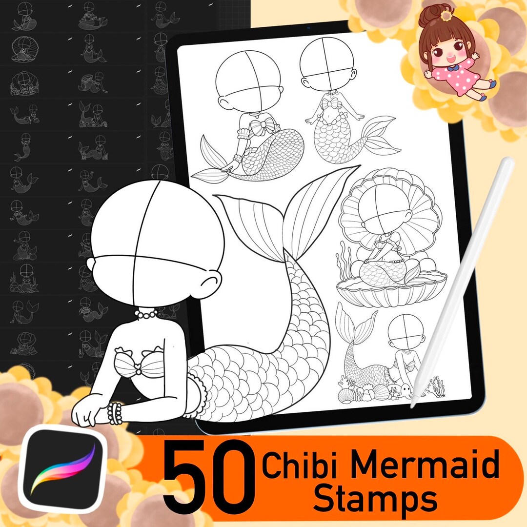 50 Procreate Chibi Mermaid Pose Stamp Brushes, Mermay Brushes, Mermay ...