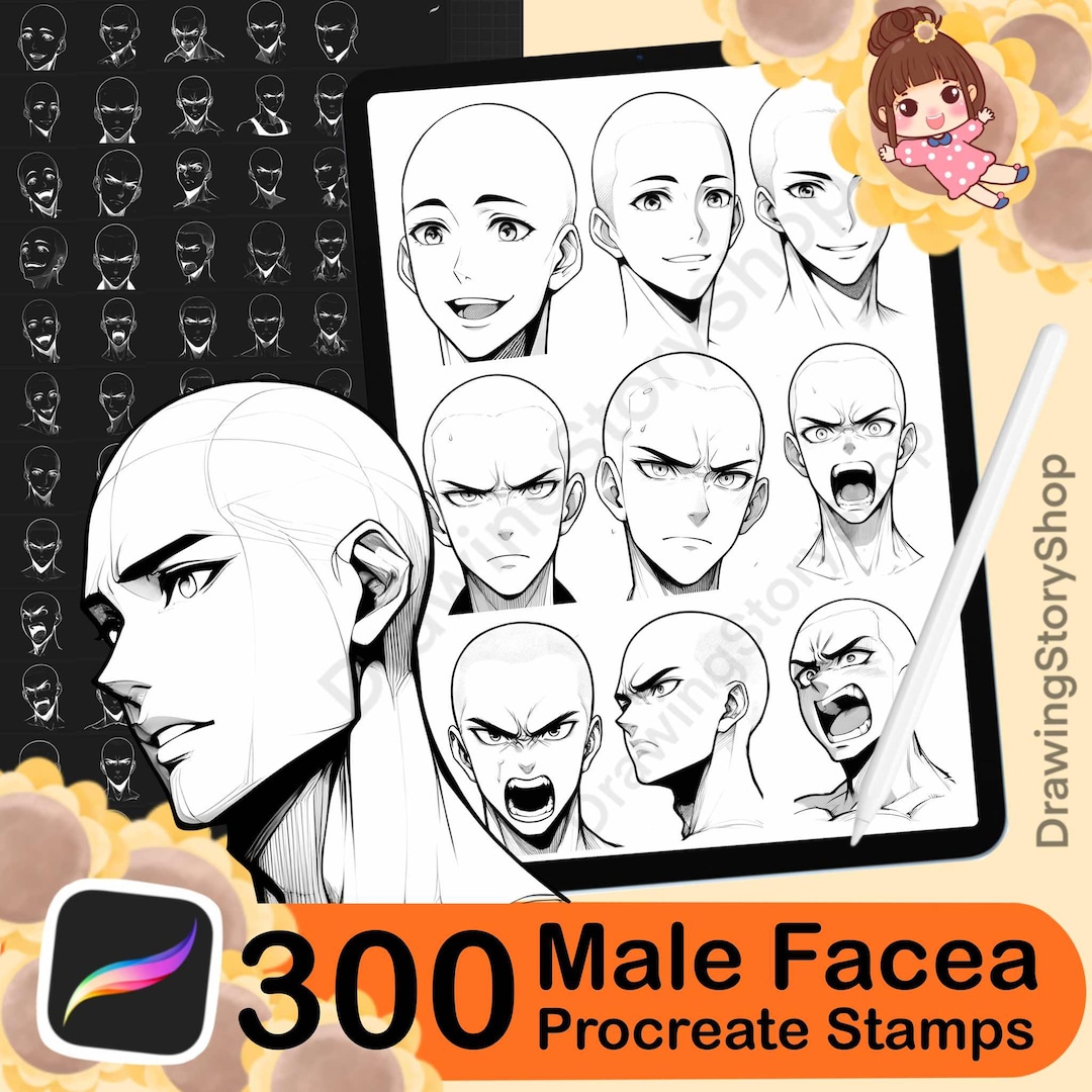 300 Procreate Male Faces Brushes. Procreate Head Stamps. Procreate Male ...