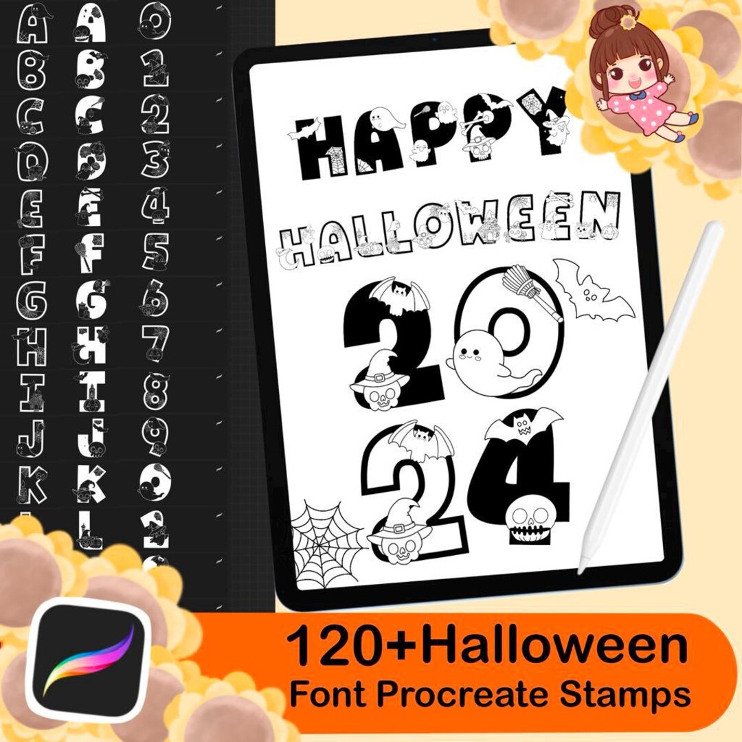 120+ Halloween Font Bundle, Font Halloween Procreate Stamps, Procreate ...