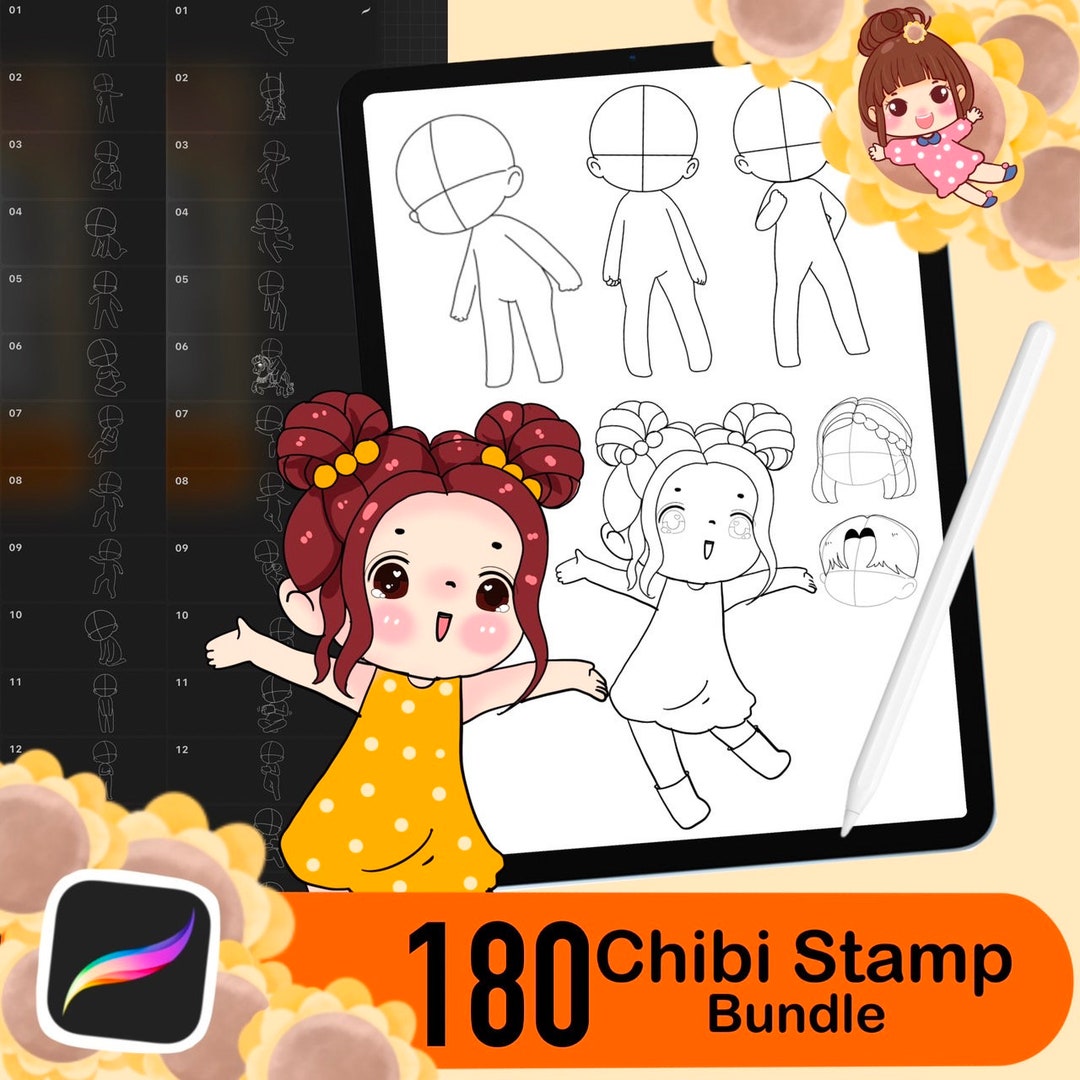 180 Procreate Chibi Stamp Brushes, Chibi Body Guides, Hair Chibi Stamp ...