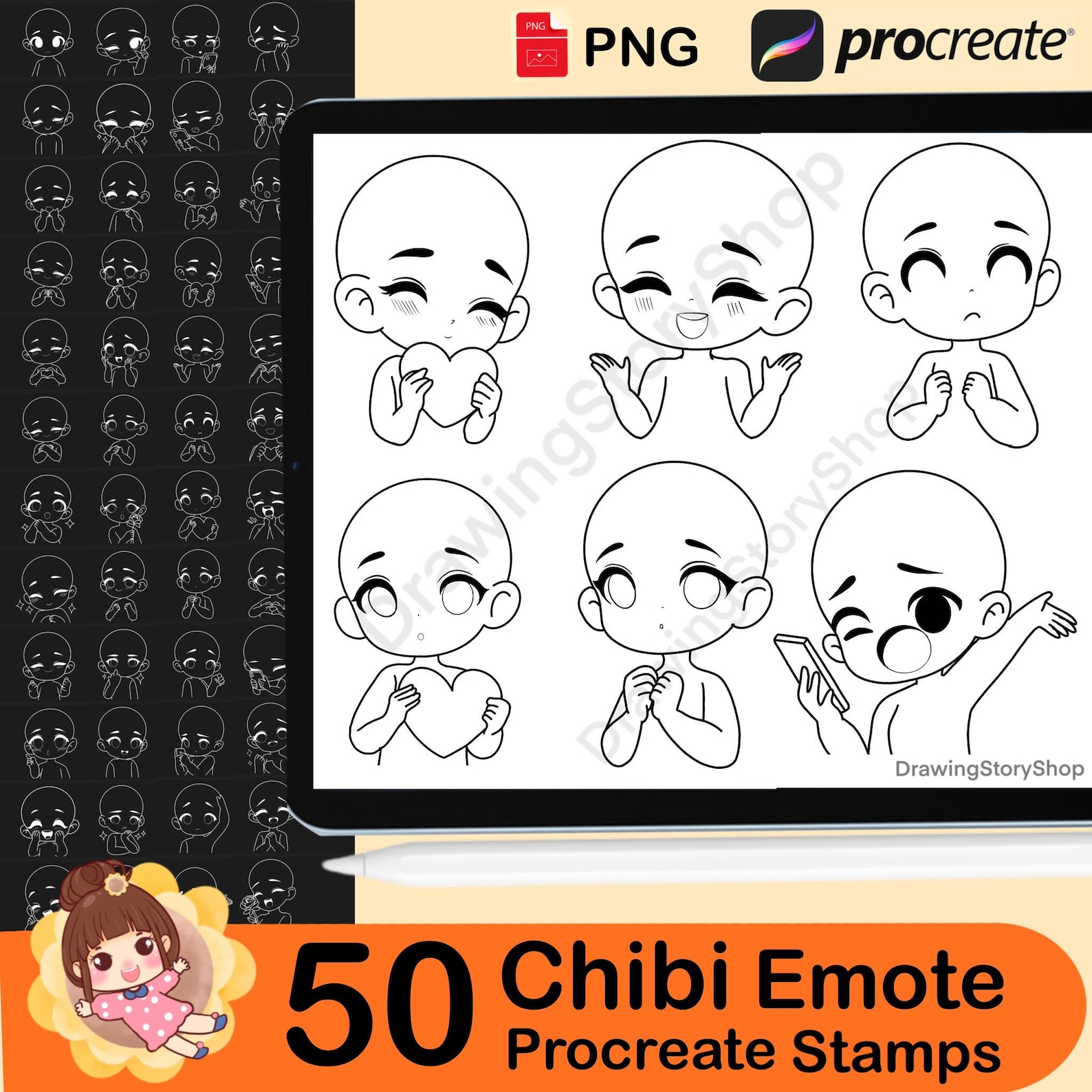 50 Chibi Emote Bases Stamps for Procreate, Anime Figure, Brushes ...