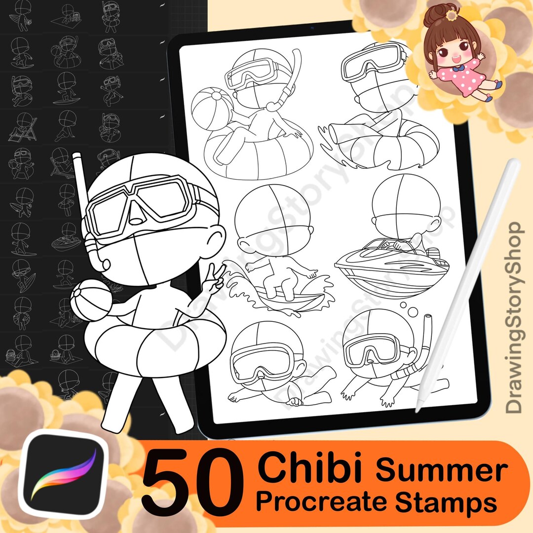 50 Procreate Chibi Summer Stamp, Procreate Chibi Poses Stamps, Summer ...