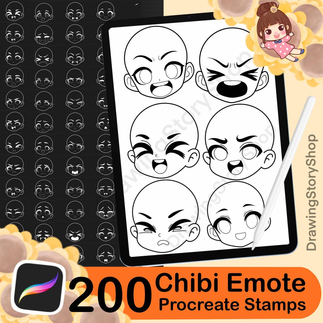 200 Procreate Chibi Emote Brushes. Procreate Chibi Head Stamps, Chibi ...