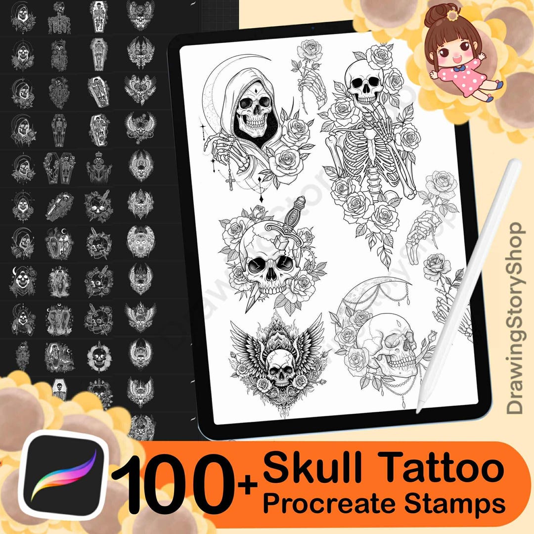 100+ Spooky Tattoo Procreate Stamps | Witchy Skull & Flower Skulls ...
