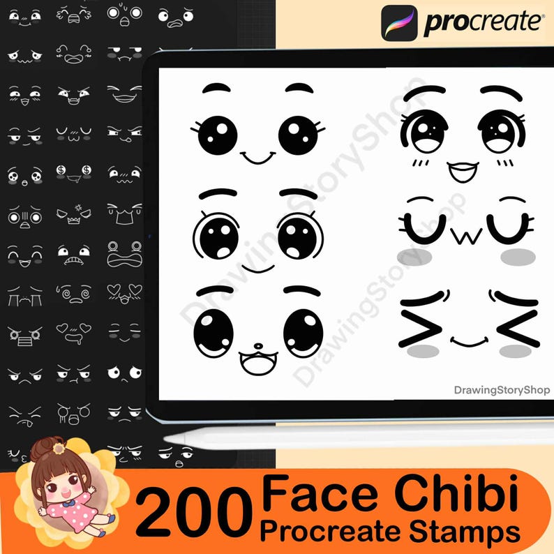 200 Procreate Kawaii Faces Stamp Brush Procreate Kawaii Emotes Chibi ...