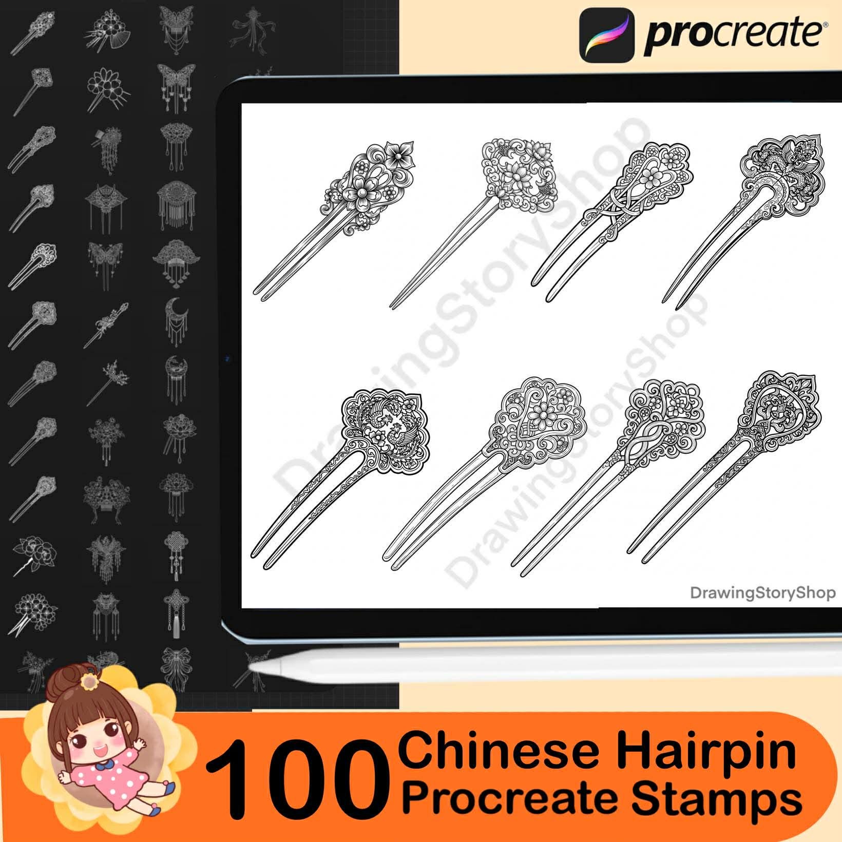 100 Chinese Hairpin Procreate Brushes Stamp, Ancient Hair Stick ...