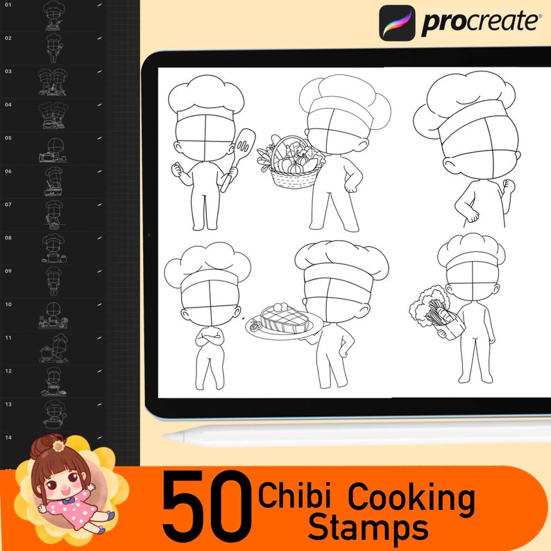 50 Procreate Chibi Cooking Poses Stamps, Cute Anime Manga, Cooking ...
