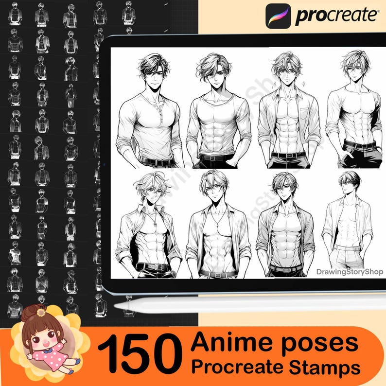 150 Procreate Anime Brushes , Procreate Manga Male Face Stamps ...
