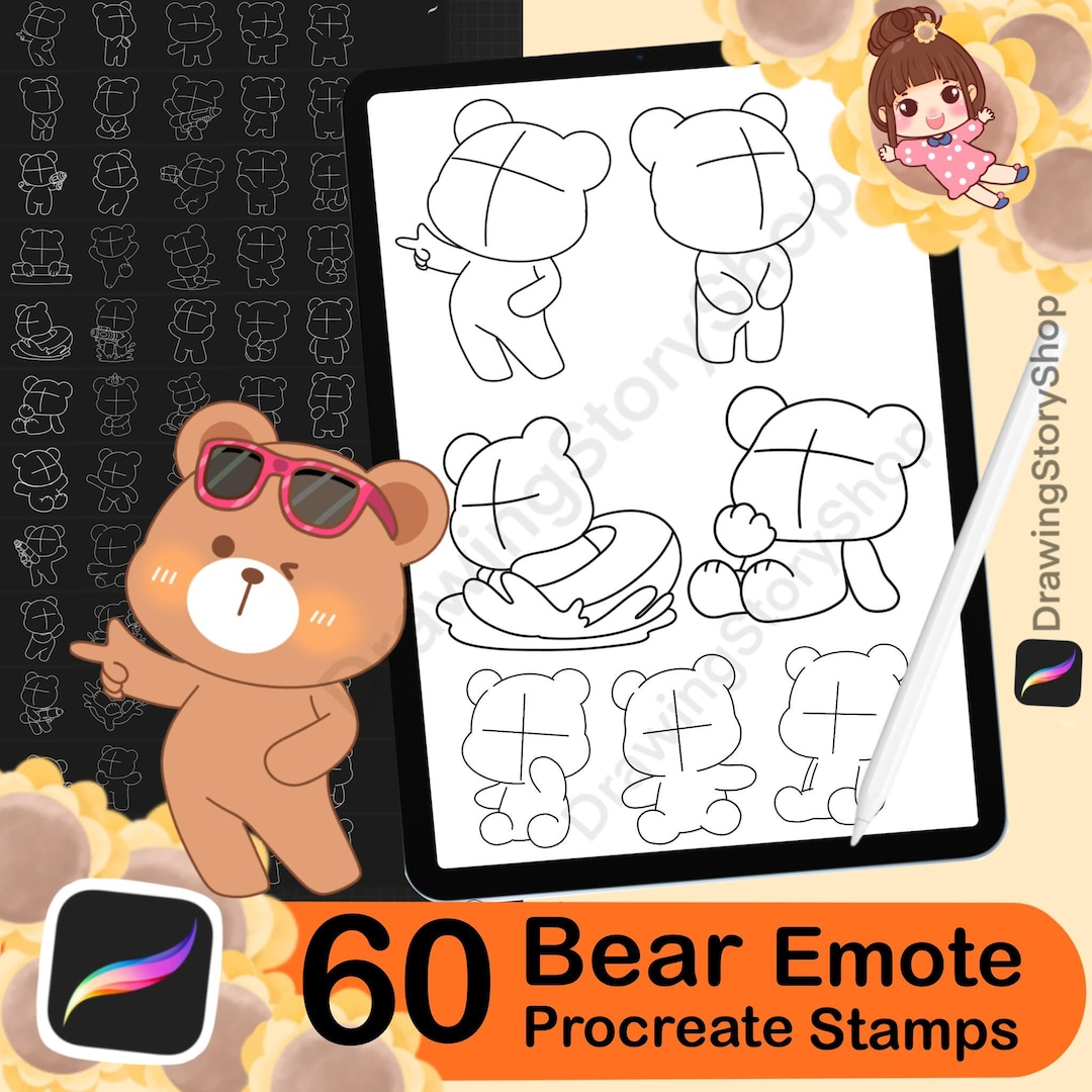 60 Bear Procreate Stamp Brushe Chibi Character Emote Cute Pose Anime ...