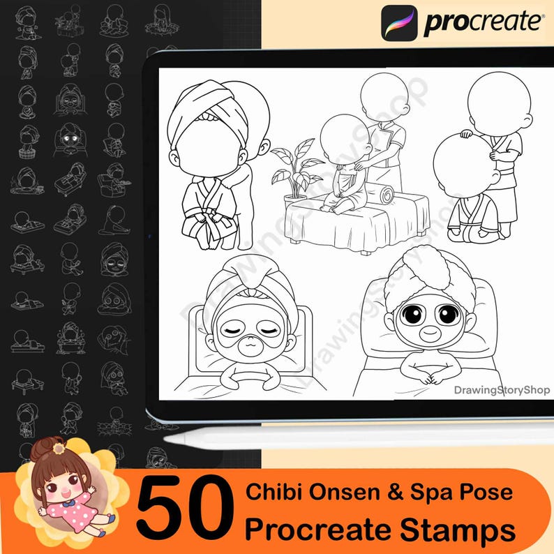 50 Chibi Onsen & Spa Pose Stamps for Procreate | Base Chibi Relaxing ...