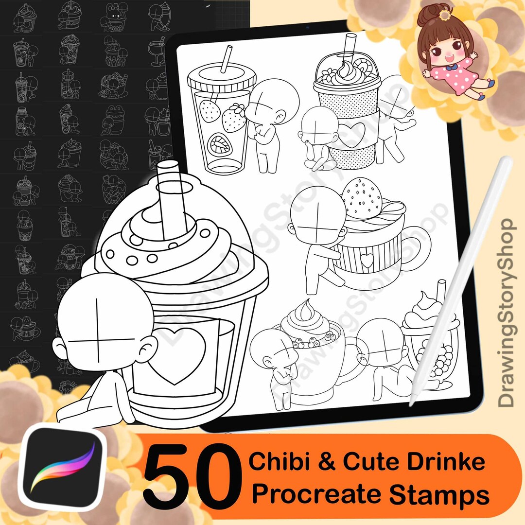 Chibi & Cute Drinks Brush Set – 50 Procreate Stamps | Base Chibi | Body ...