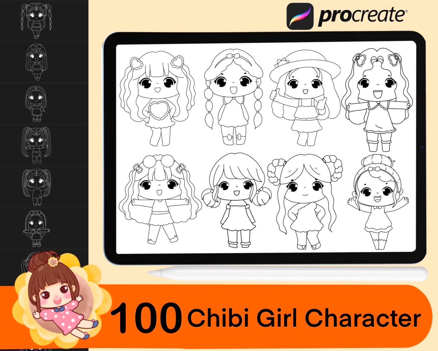 100 Procreate Chibi Girl Character Stamps, Chibi Girl Stamps , Chibi ...