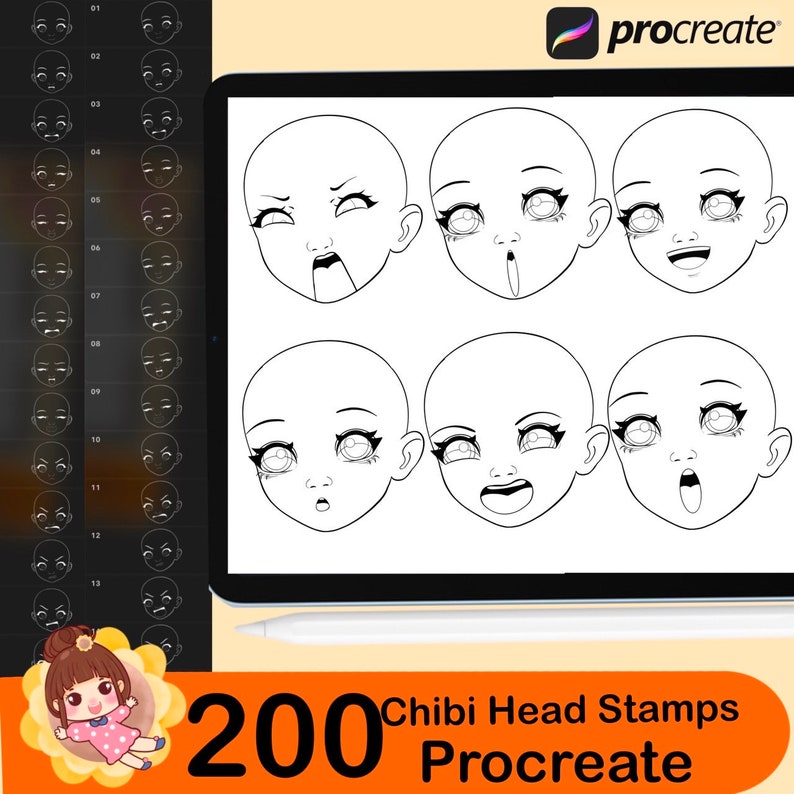 200 Procreate Chibi Head Stamps , Procreate Chibi Emote Brushes, Chibi ...