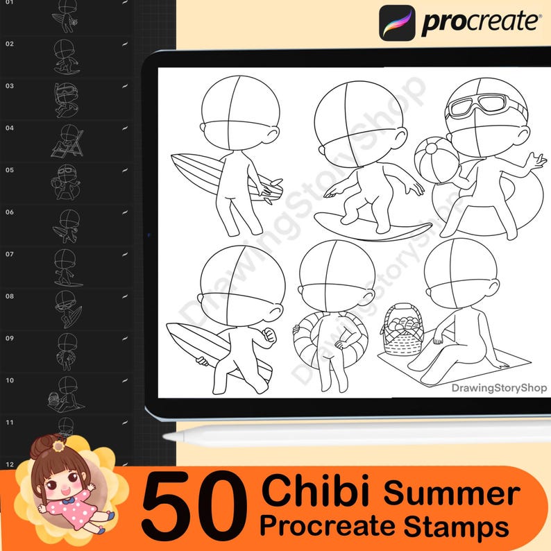 50 Procreate Chibi Summer Stamp, Procreate Chibi Poses Stamps, Summer ...