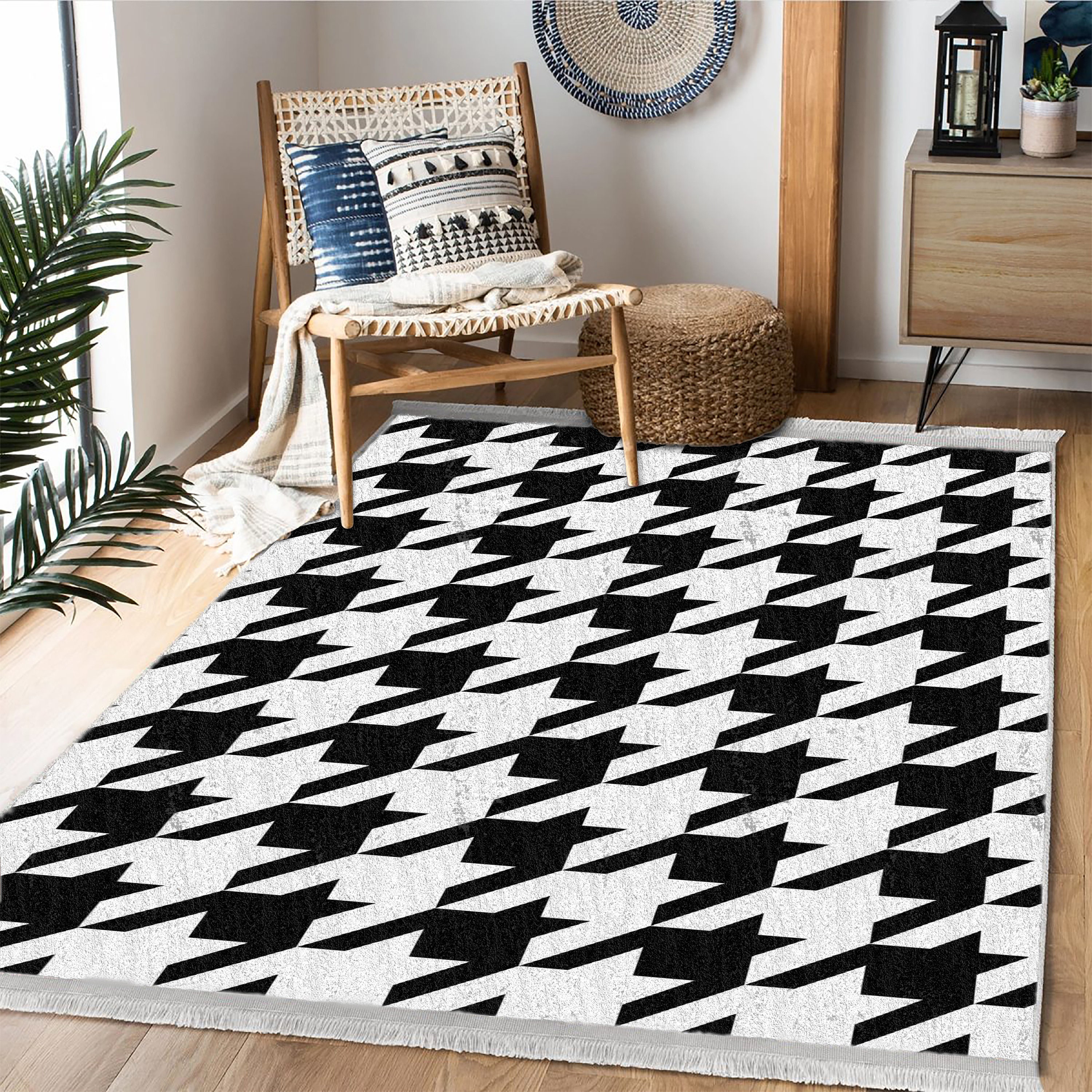 Houndstooth Area Rug, Black Geometric Carpet, Boho Anti Slip Rug ...