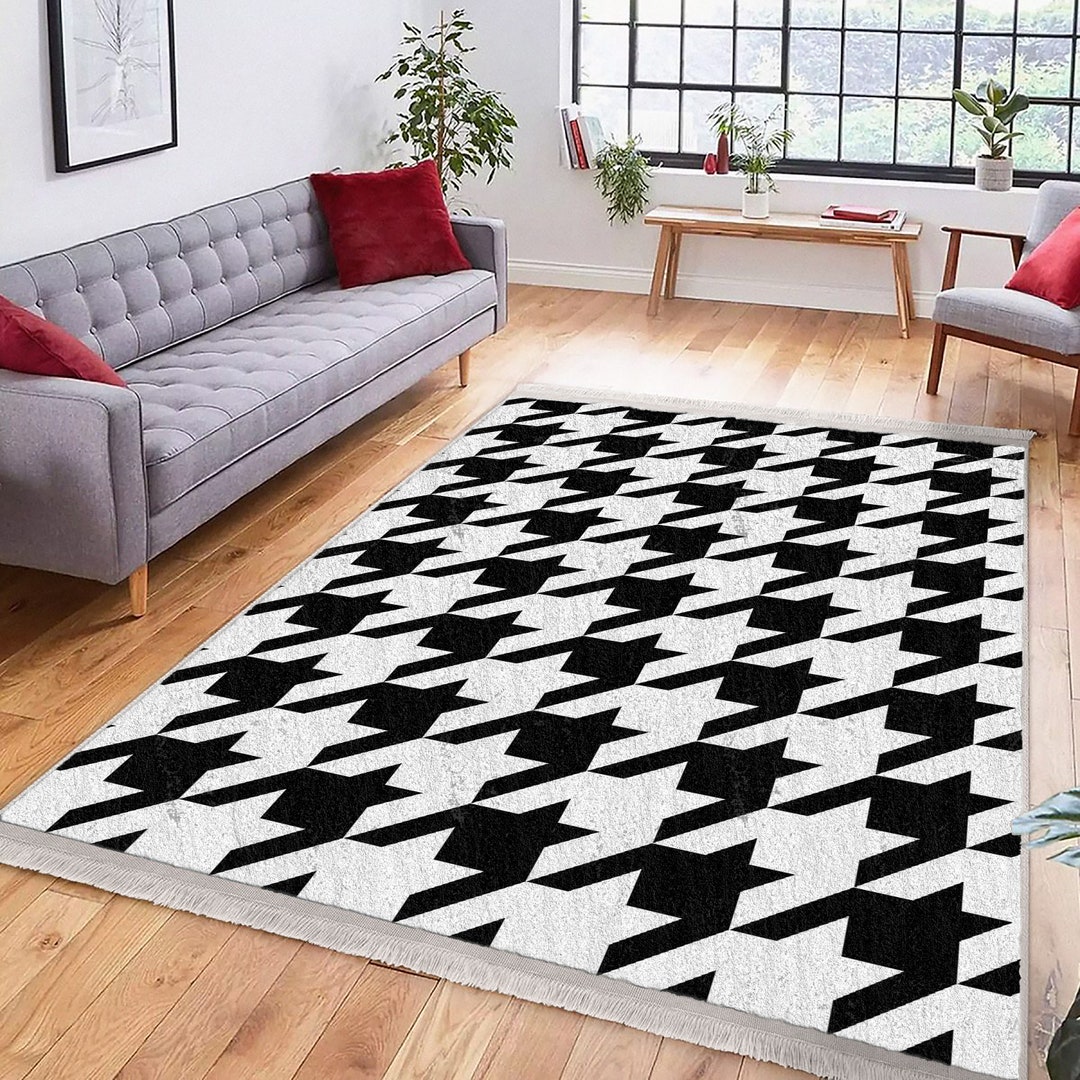 Houndstooth Area Rug, Black Geometric Carpet, Boho Anti Slip Rug ...