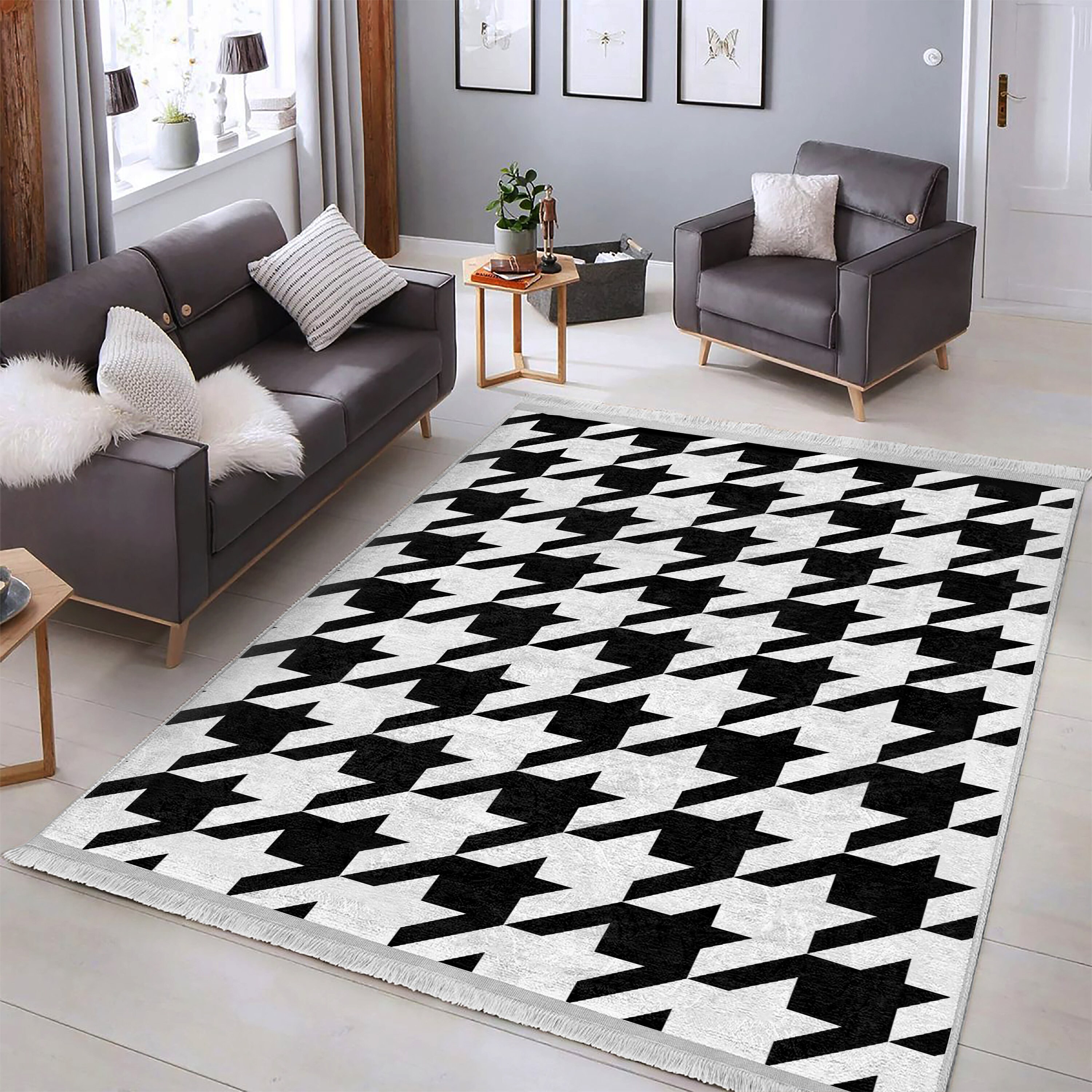 Houndstooth Area Rug, Black Geometric Carpet, Boho Anti Slip Rug ...