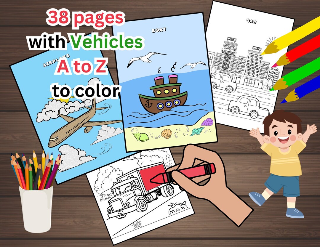Vehicles A to Z Coloring Pages for Kids, Set of 38 Printable Sheets ...