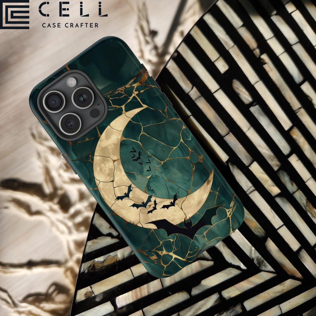 Crescent Moon Flying Bats Halloween Tough Phone Case Dark Turquoise ...