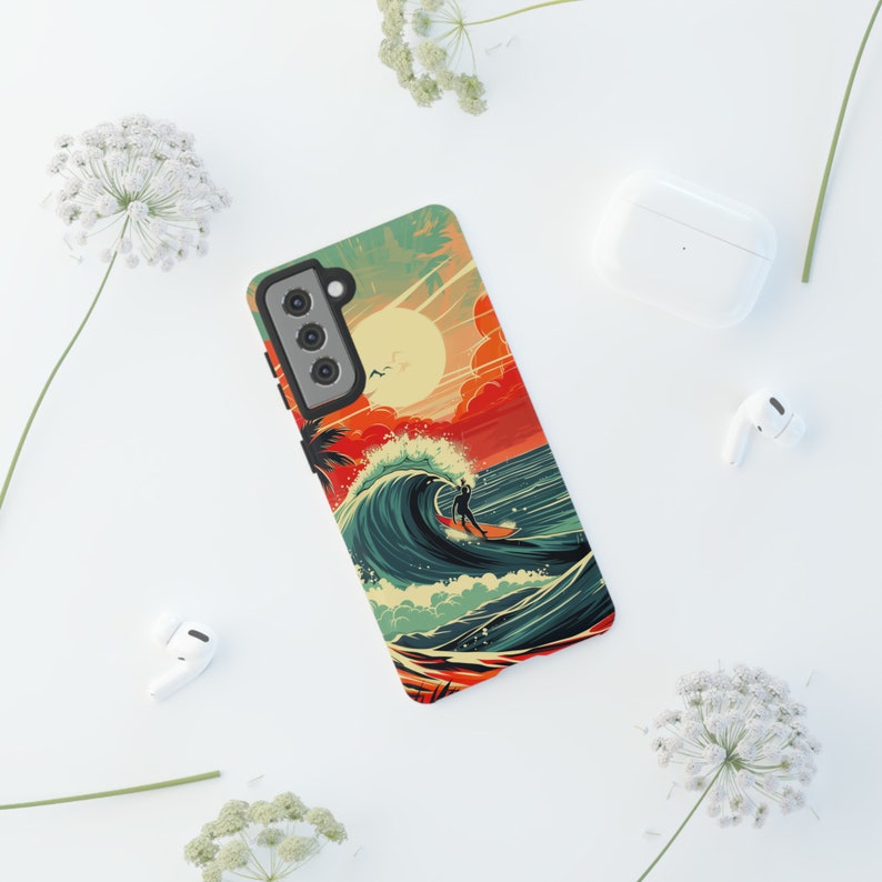 Retro Surfboard Sunset Beach Tough Phone Case Summer Vibes Ocean Waves ...