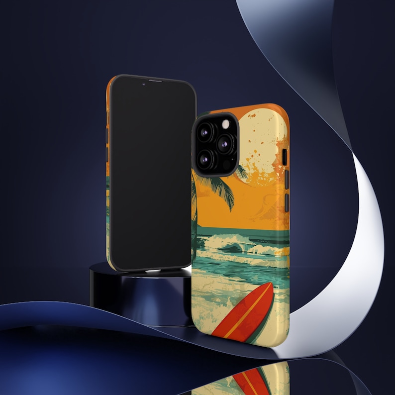 Retro Surfboard Sunset Beach Tough Phone Case Summer Vibes Ocean Waves ...