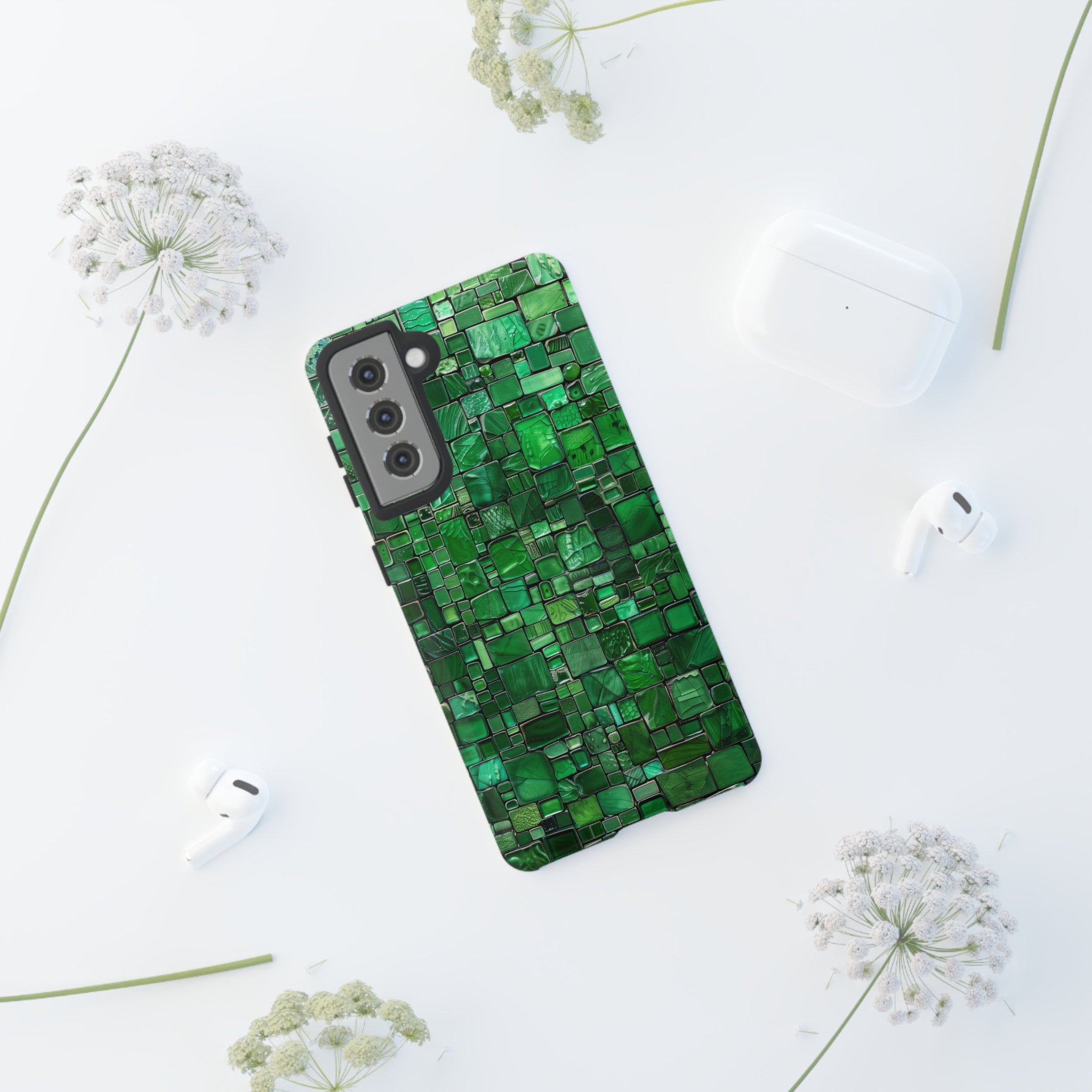 Green Glass Mosaic Tile Tough Phone Case Stone Tile Grid Art Texture ...