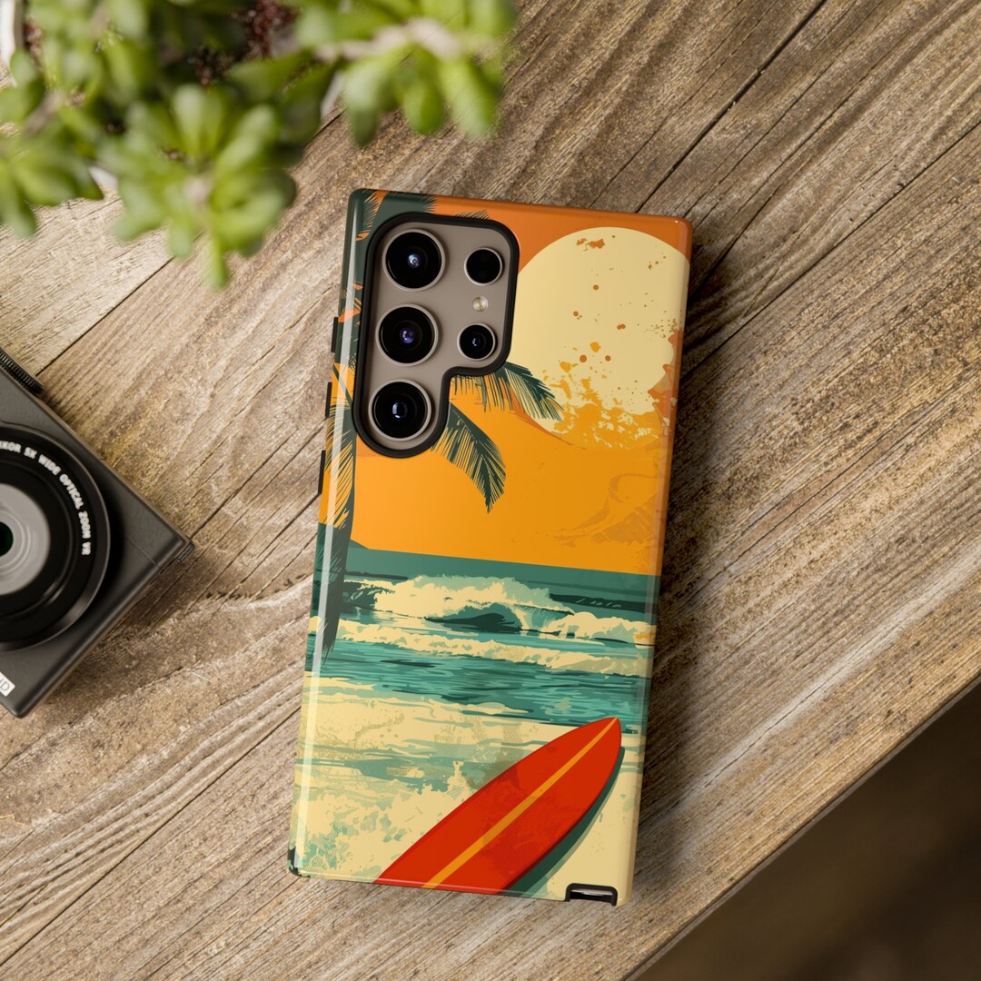Retro Surfboard Sunset Beach Tough Phone Case Summer Vibes Ocean Waves ...