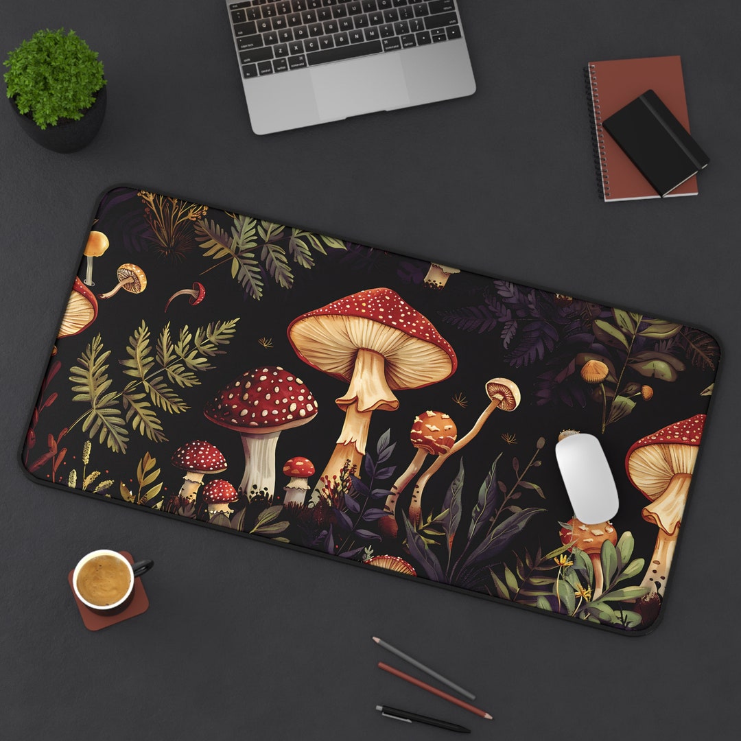 Witchy Cottagecore Woodland Desk Mat Mushroom and Leaves Pattern Gaming ...