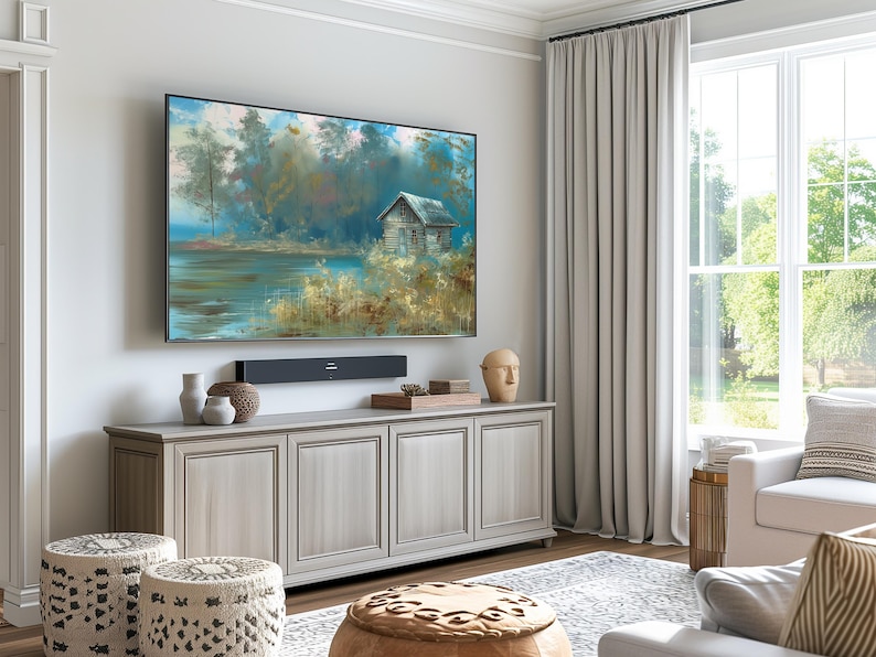 Rustic Cabin Lake Samsung Frame TV Art Digital Download, Blue Peaceful ...
