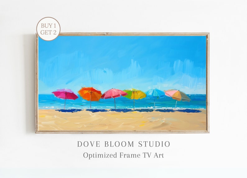 Summer Beach Umbrellas FRAME TV Art, Colorful Ocean Frame Tv Art ...