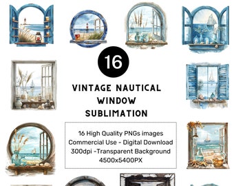 16 Window Sea View Clipart, Window Ocean Clipart, Printable Watercolor ...