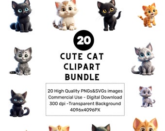 Cute Cat Clipart Bundle, Clip Art Set of 18 High Quality Pngs, Happy ...
