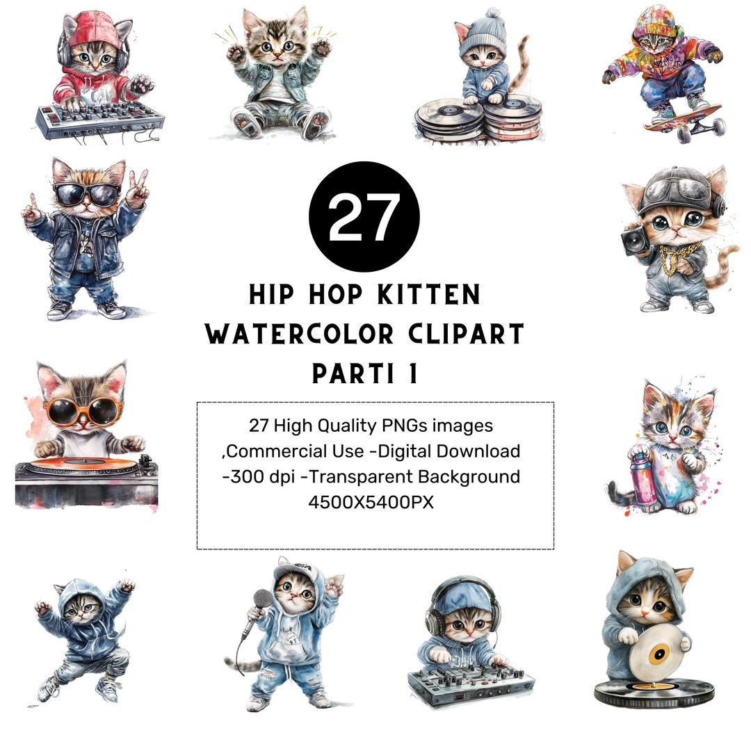 27 Hip Hop Kitten Watercolor Clipart , Kitten Pngs ,cute Kitten Png ...