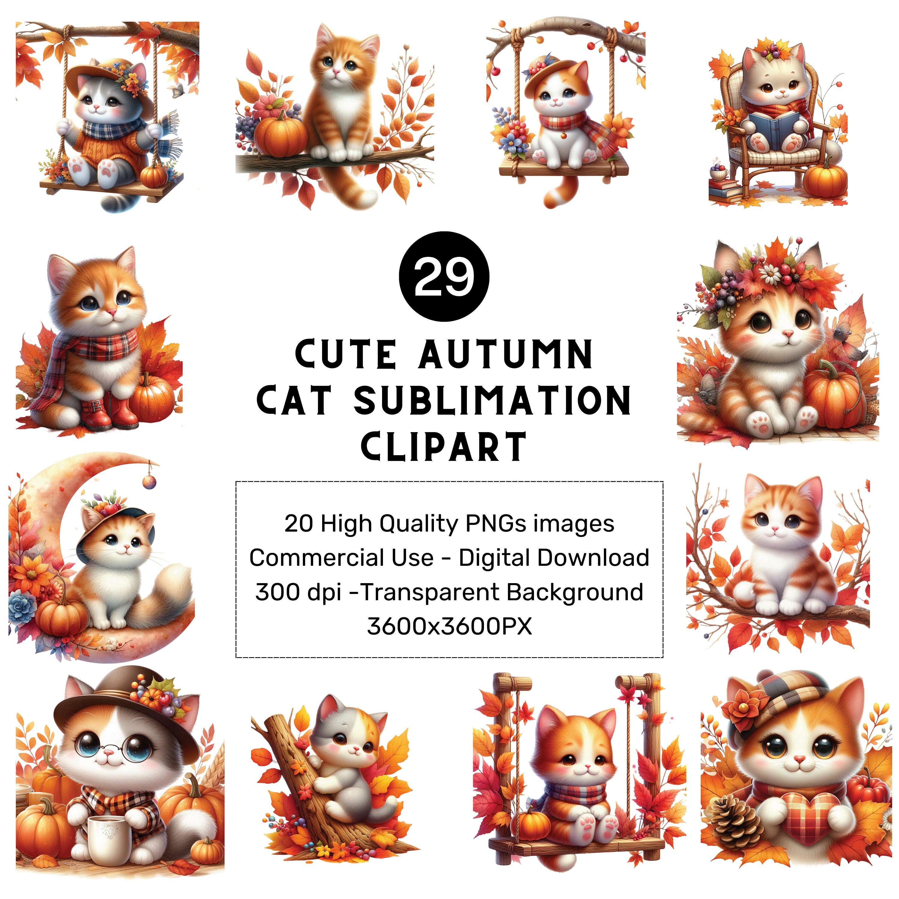 20 Pngs Kitten Autumn Clipart, Cat Clipart, Printable Watercolor ...