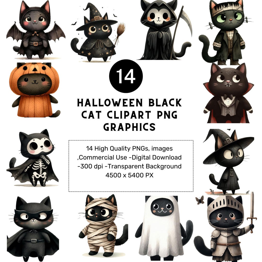 14 Halloween Cat Clipart, Black Cat Clipart, Printable Watercolor ...