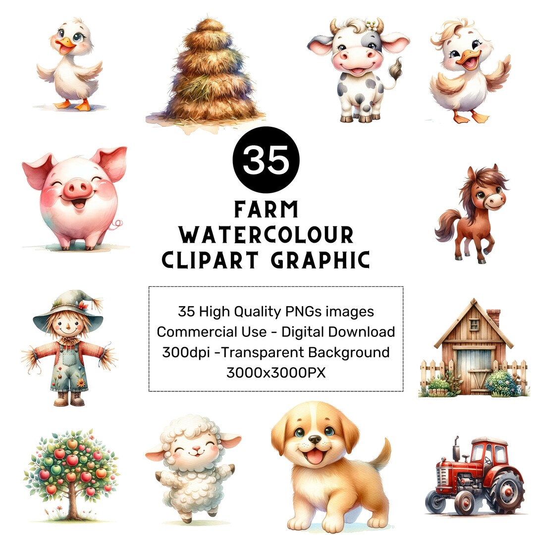 Farm Clipart, Watercolor Farm Animal PNG, Baby Animals, Spring Clipart ...