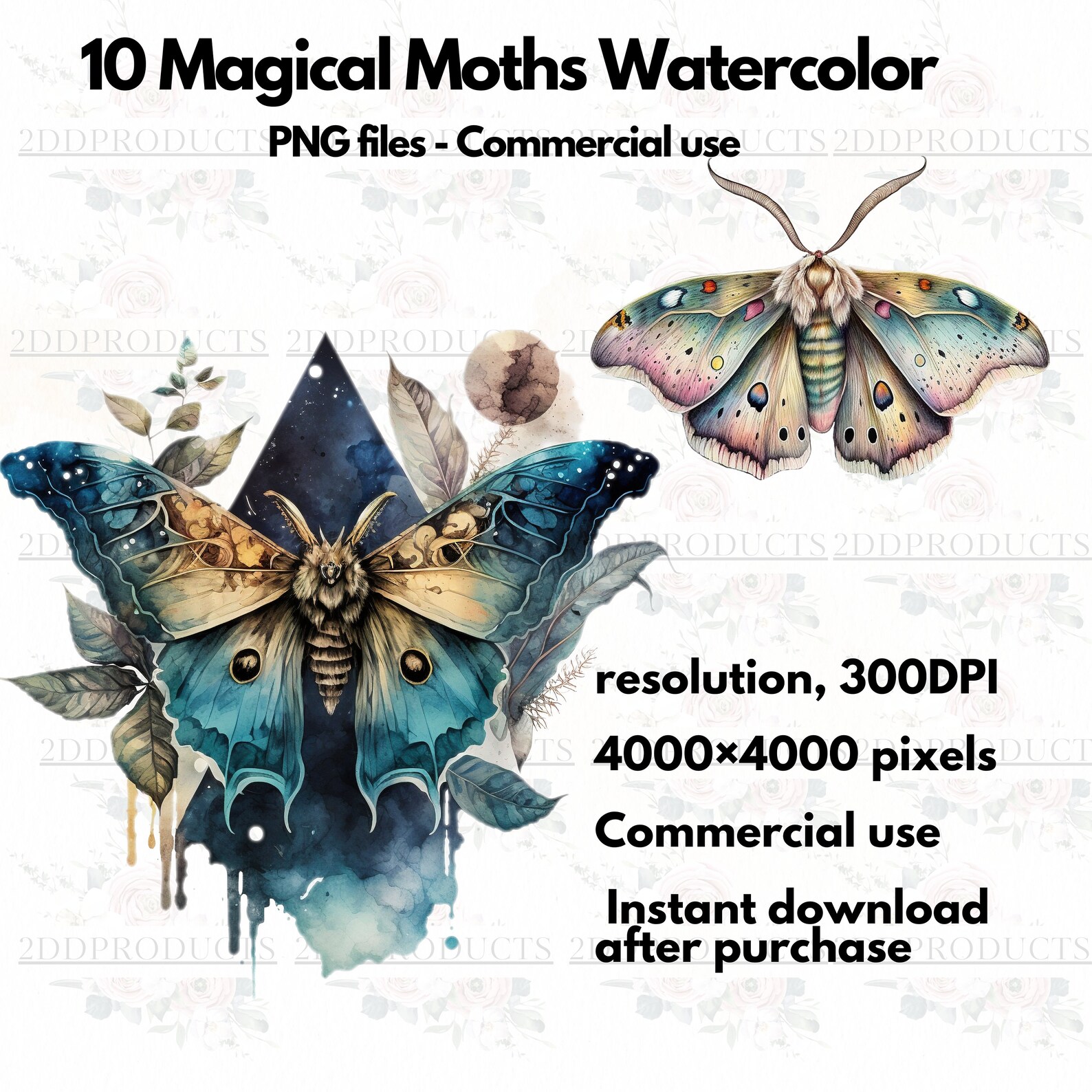 10 Magical Moths Watercolor Clipart, Moths Fantasy Style, Magical ...