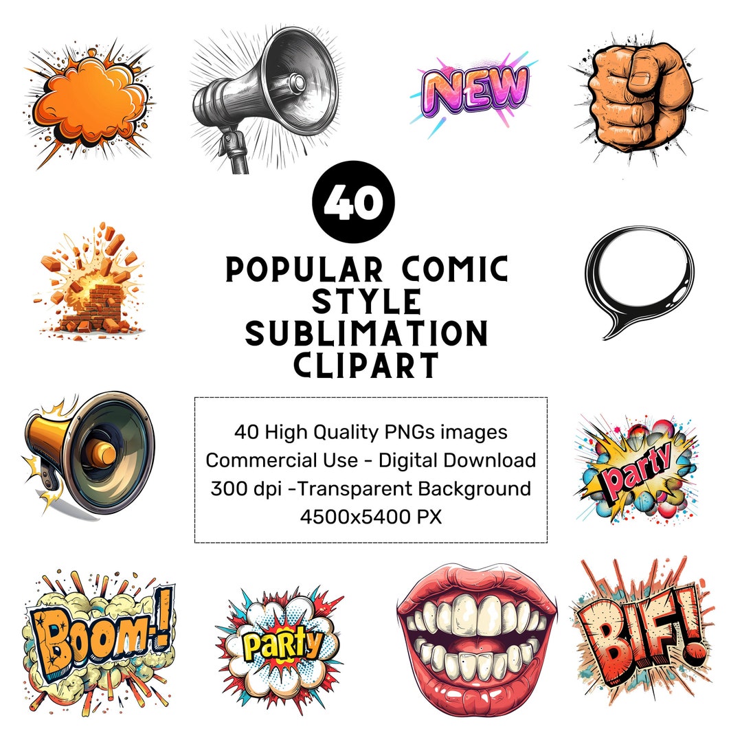 40 Pngs Comic Style Action Bubbles, Comic Cartoon Style, Birthday ...