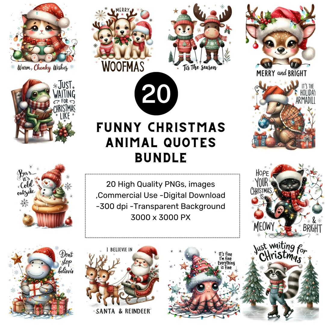 20 PNG, Winter Animals Clipart Bundle, Christmas Animal Graphics, Cute ...