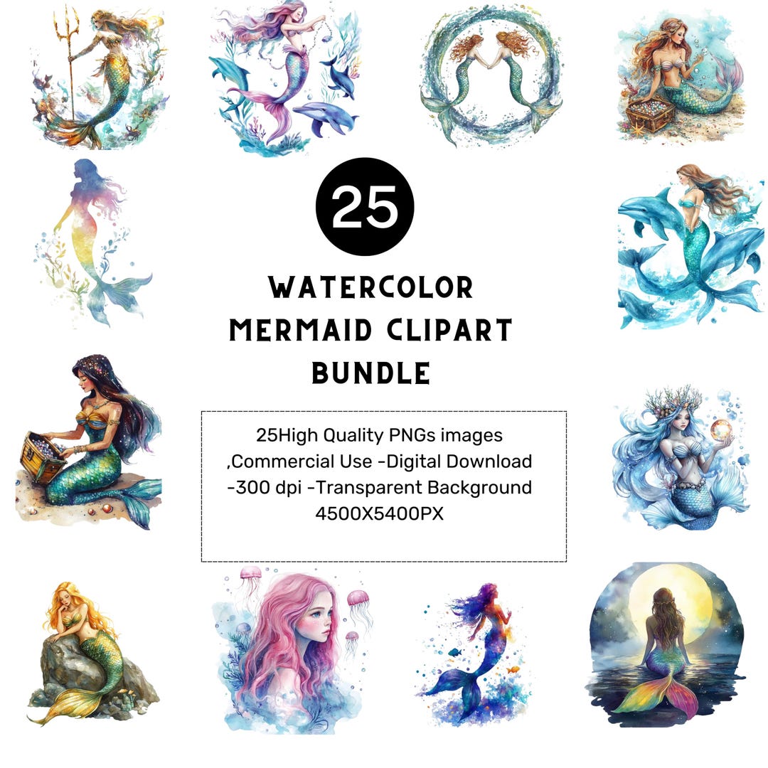 Watercolor Mermaid Clipart Bundle: Fashion Illustrations (digital ...